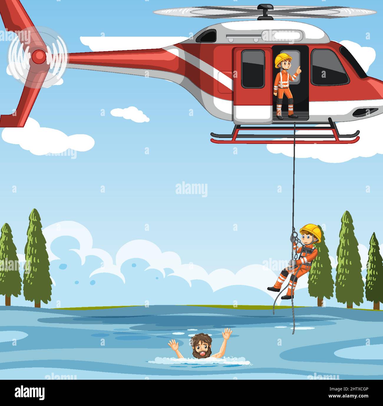 Ocean scene with firerman rescue in cartoon style illustration Stock ...