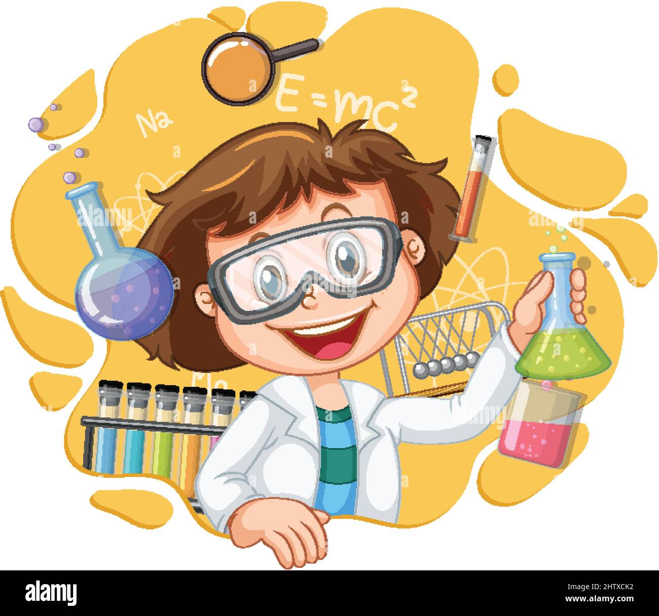 Scientist girl cartoon character with laboratory equipments ...