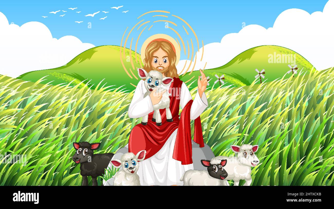 Jesus and animals in the meadow scene illustration Stock Vector Image ...