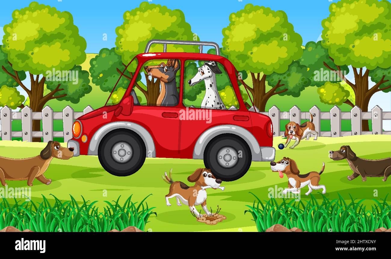 Dogs driving in red car in park illustration Stock Vector Image & Art ...
