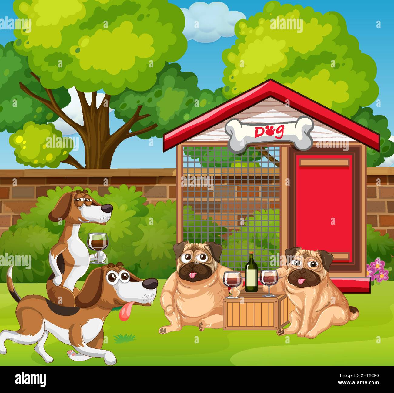 Four dogs drinking outside in park illustration Stock Vector Image ...