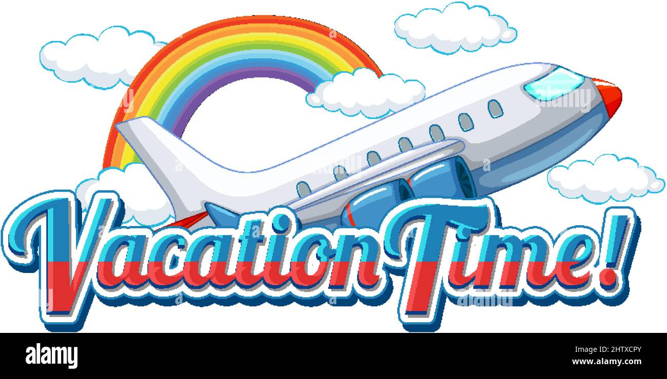 Vacation time text icon with plane on sky on white background ...