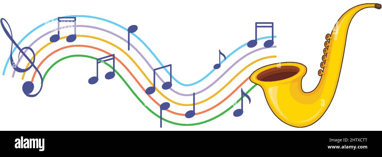 A saxophone with musical notes on white background illustration Stock ...