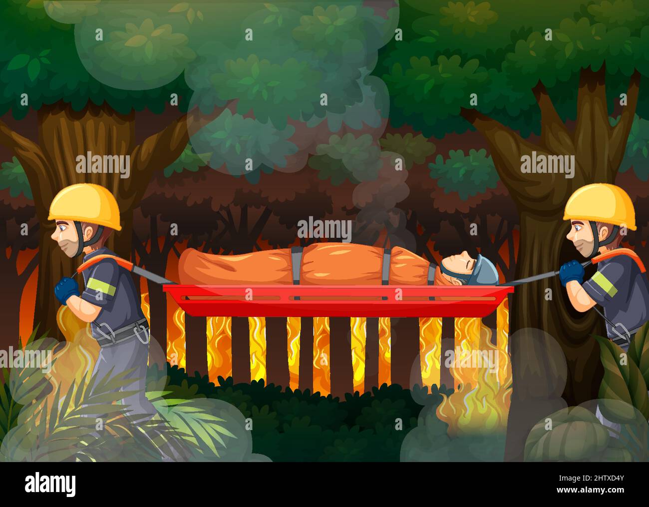 Wildfire scene with firerman rescue in cartoon style illustration Stock ...