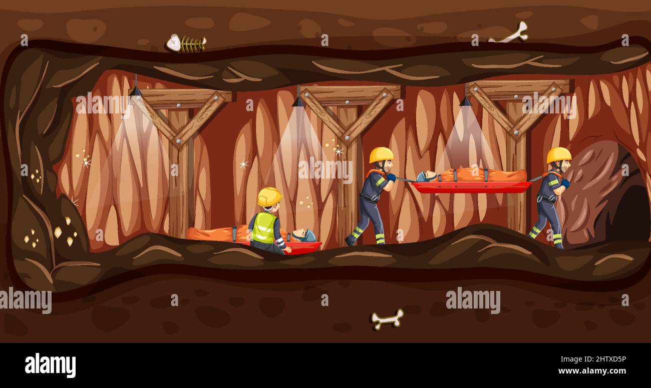 Underground scene with firerman rescue in cartoon style illustration ...