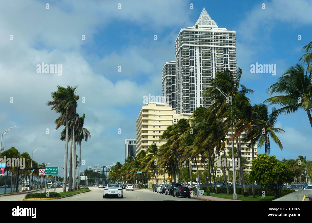 Miami Beach, Florida, U.S.A - February 17. 2022 - The view of road with ...