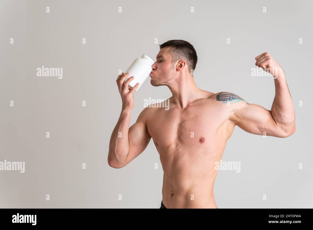 Fitness protein jars white on white background bodybuilder powder ...