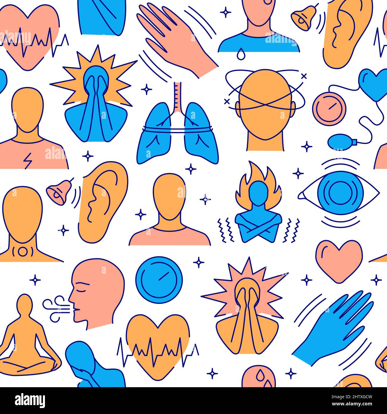 Panic disorder seamless pattern in colored line style. Panic attack symptom symbols. Vector ...