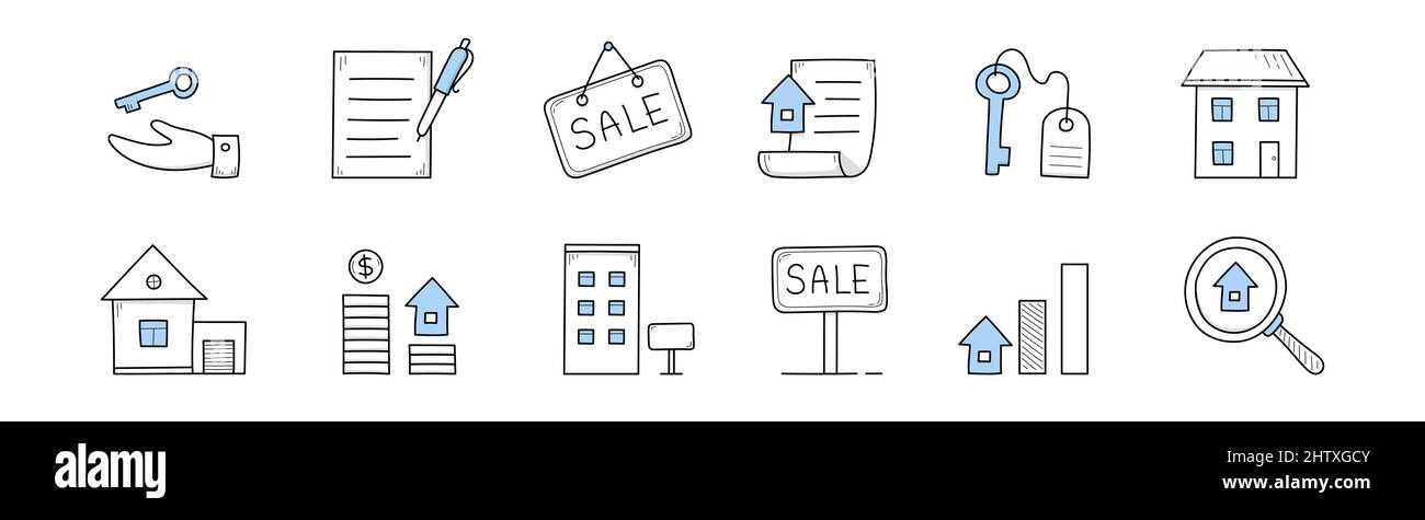 Real estate sale, rent and mortgage icons. Vector doodle symbols with ...