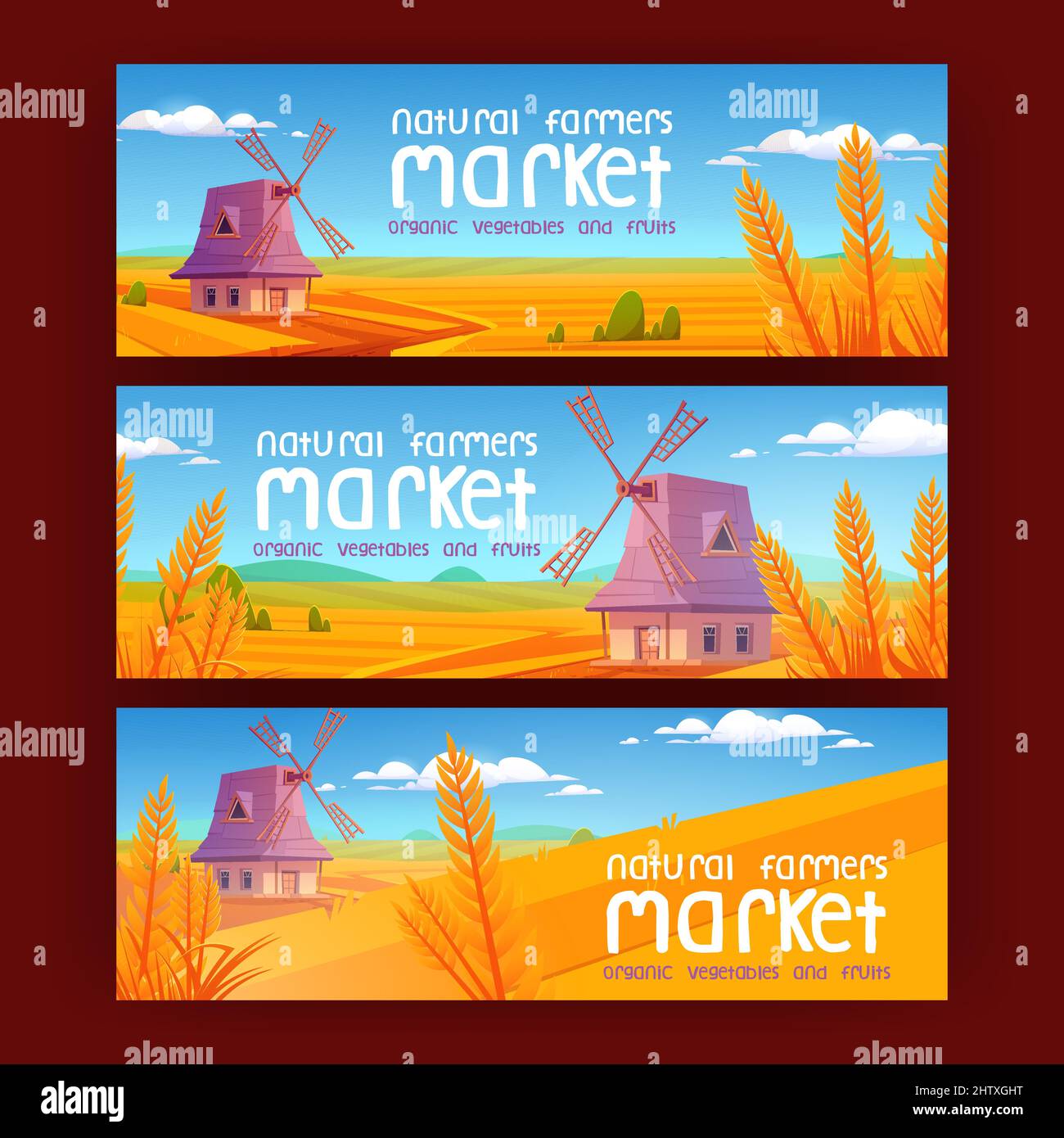 Natural farmer market cartoon banners. Windmill on farm nature rural ...