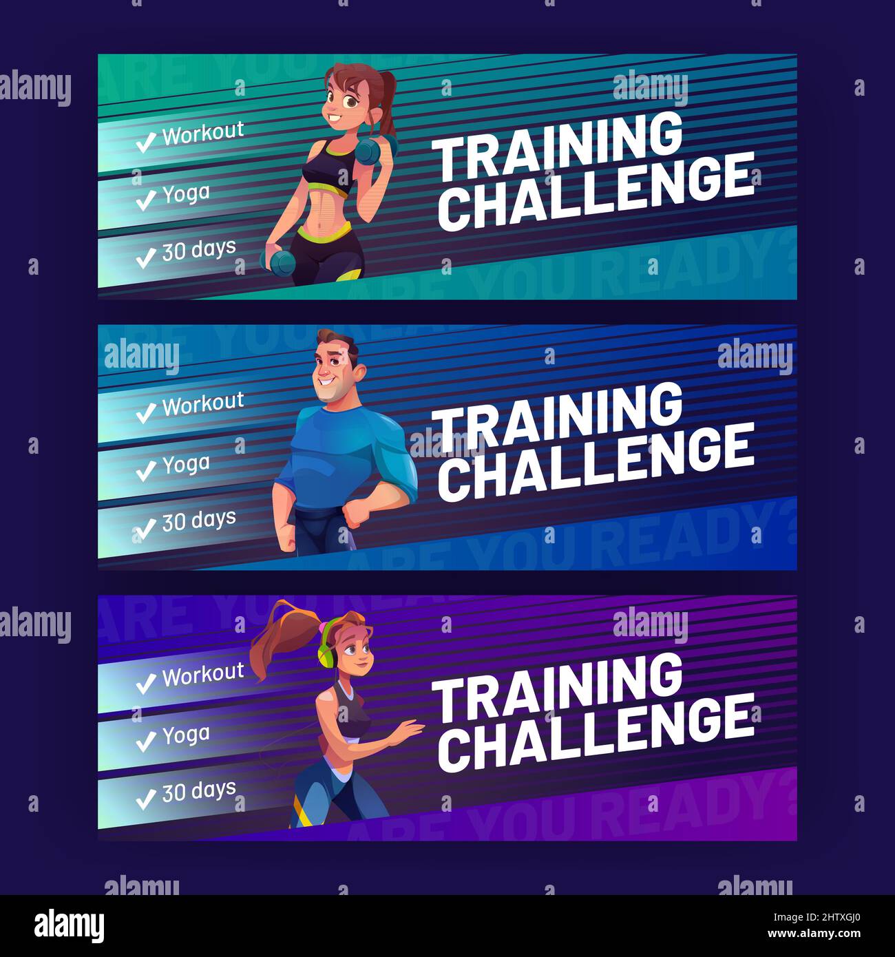 Training challenge posters with people in sportswear. Vector horizontal ...