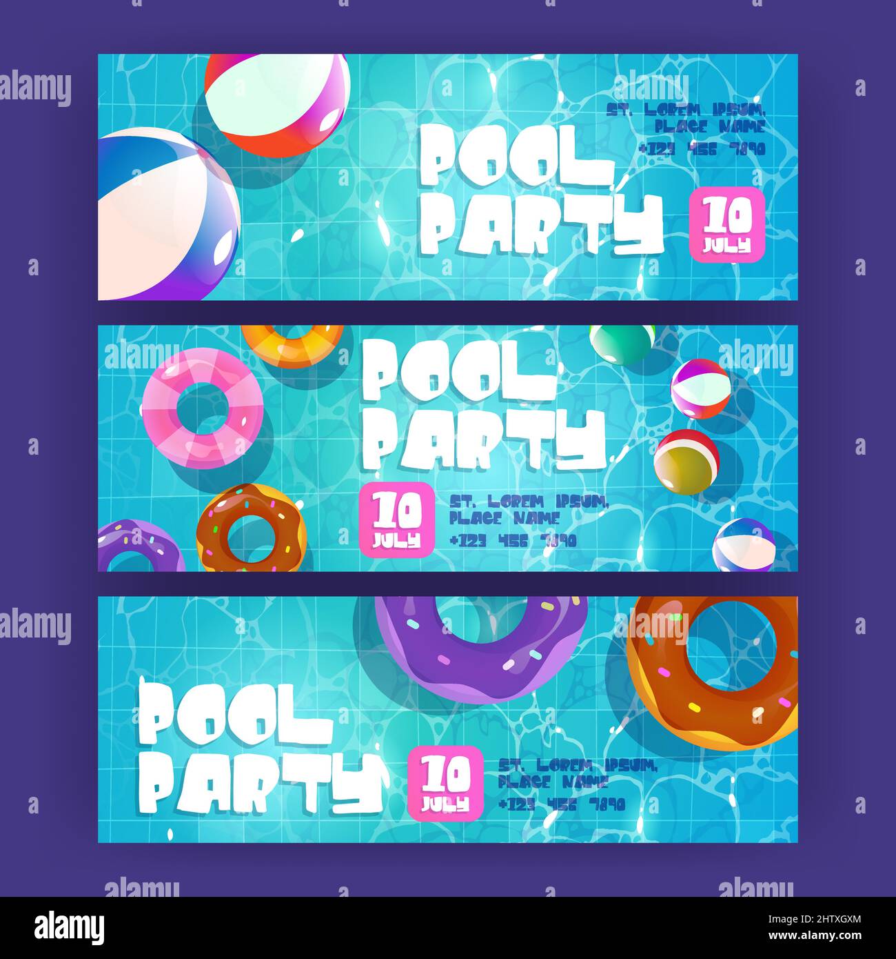 Pool party cartoon banners, summer background with colorful inflatable ...