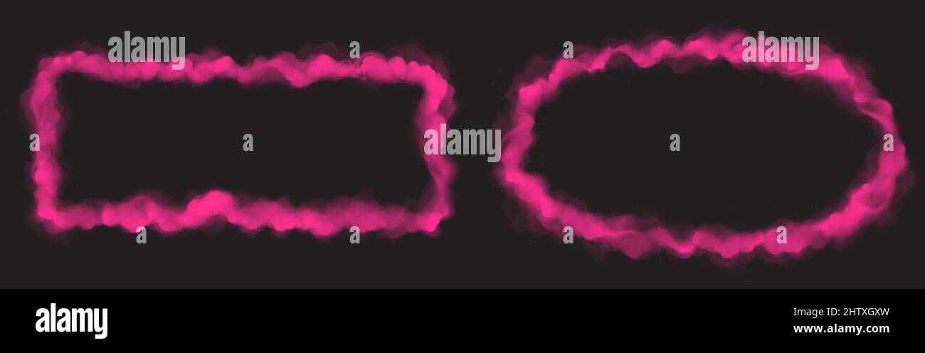 Pink smoke clouds frames isolated on black background. Vector realistic ...