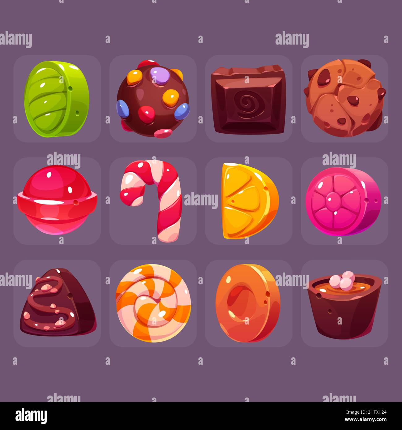 Square buttons with chocolate and hard sugar candies, fruit drops ...