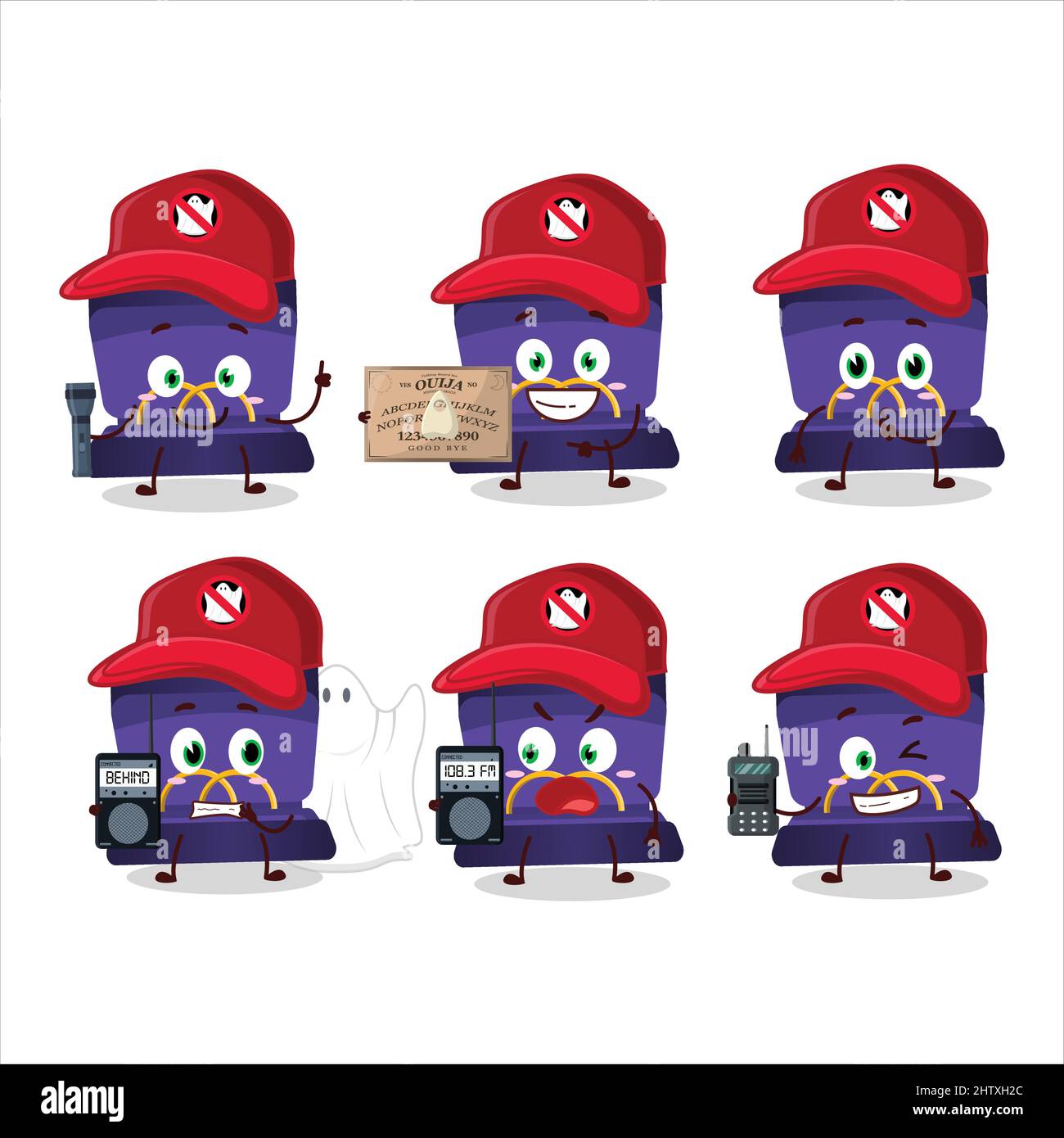 Ghost hunter cartoon purple ring box character using camera. Vector ...