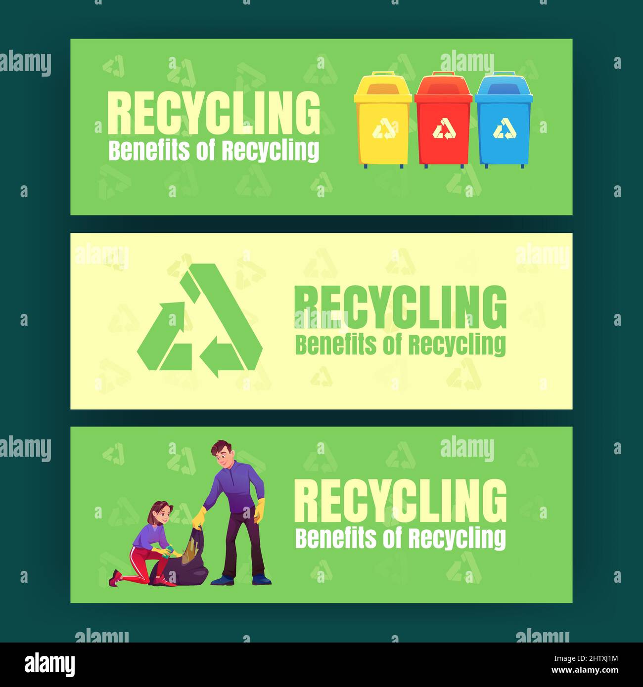 Ecology posters with trash bins, recycle sign and people collect ...