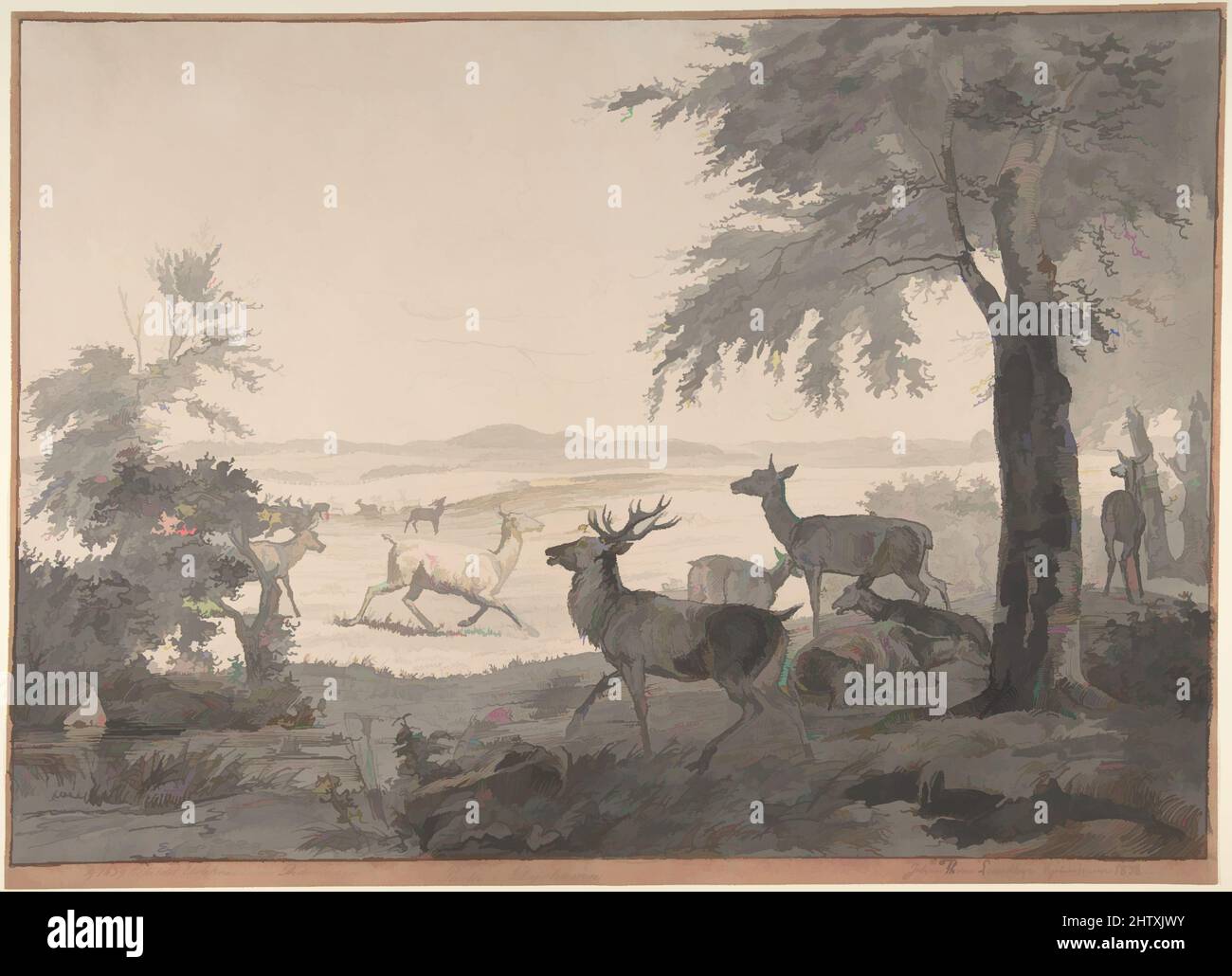 Art inspired by View of Dyrehaven, 1838, Pen and brown and grey ink ...