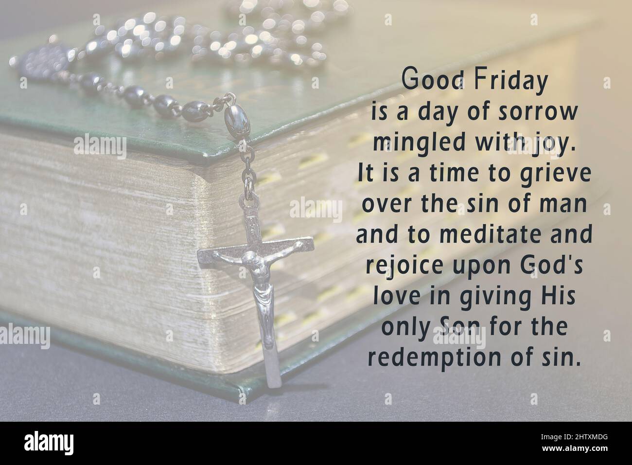 Text with image of the cross over bible on wooden table with window ...