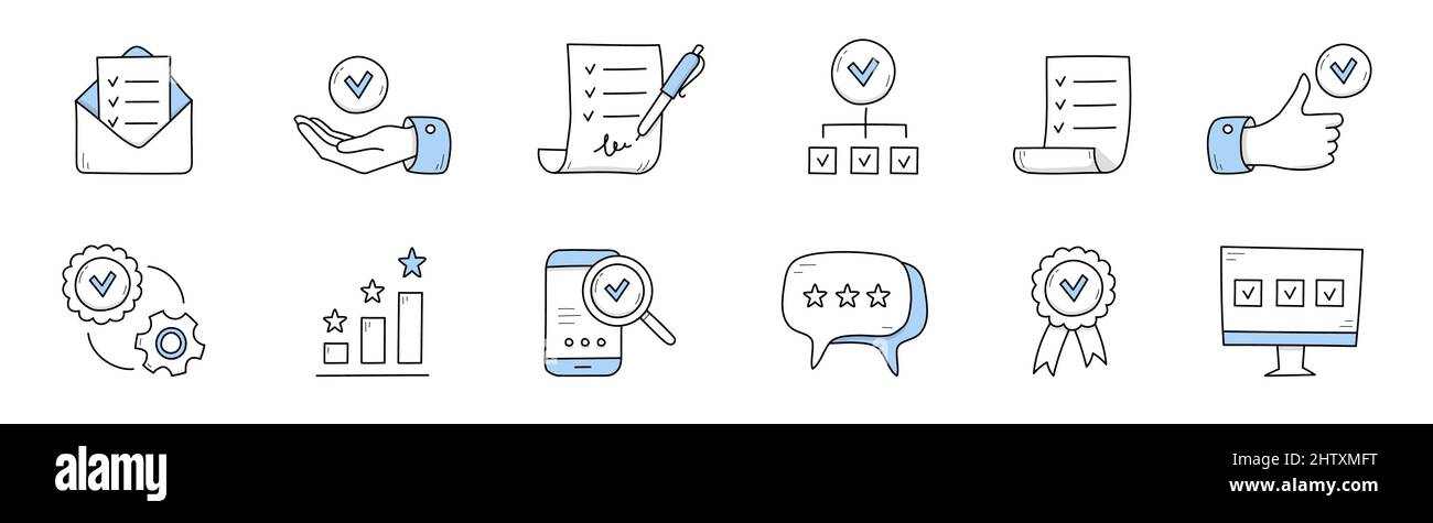 Quality control doodle icons envelope with check list, hand with tick ...