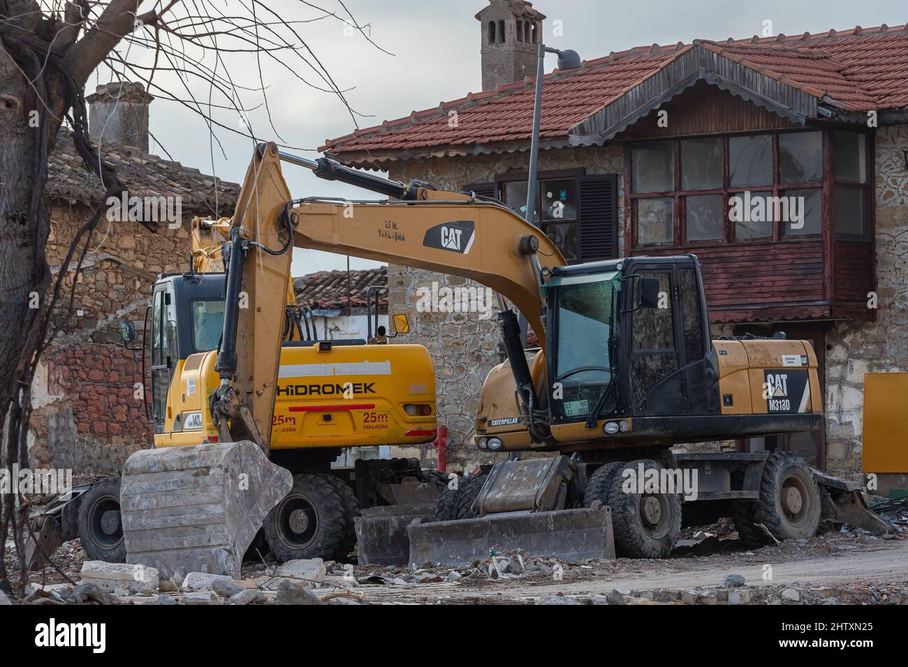 Side, Turkey – February 13 2022: Excavator on demolition the old ...