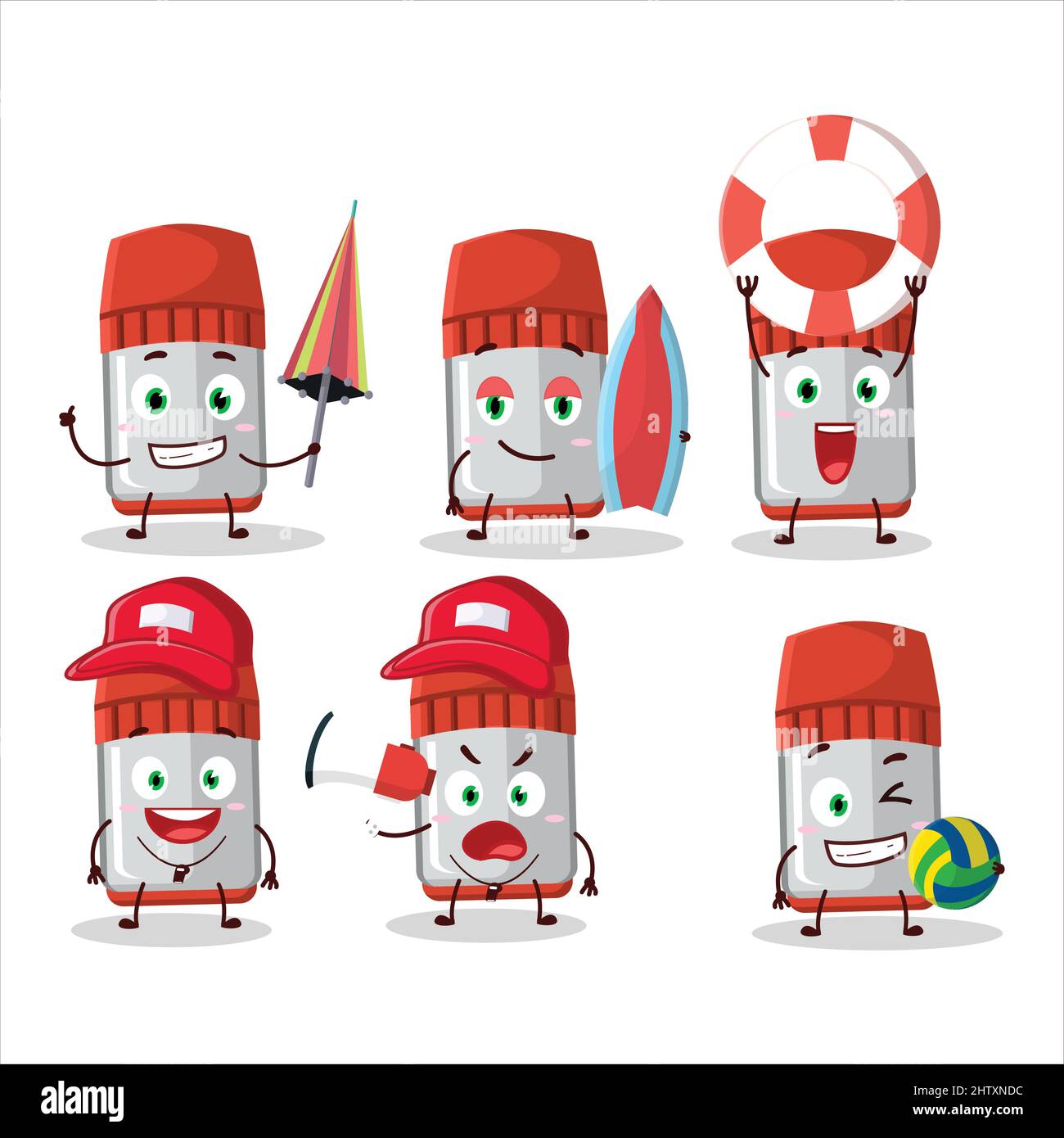 Happy Face red whiteboard marker cartoon character playing on a beach ...