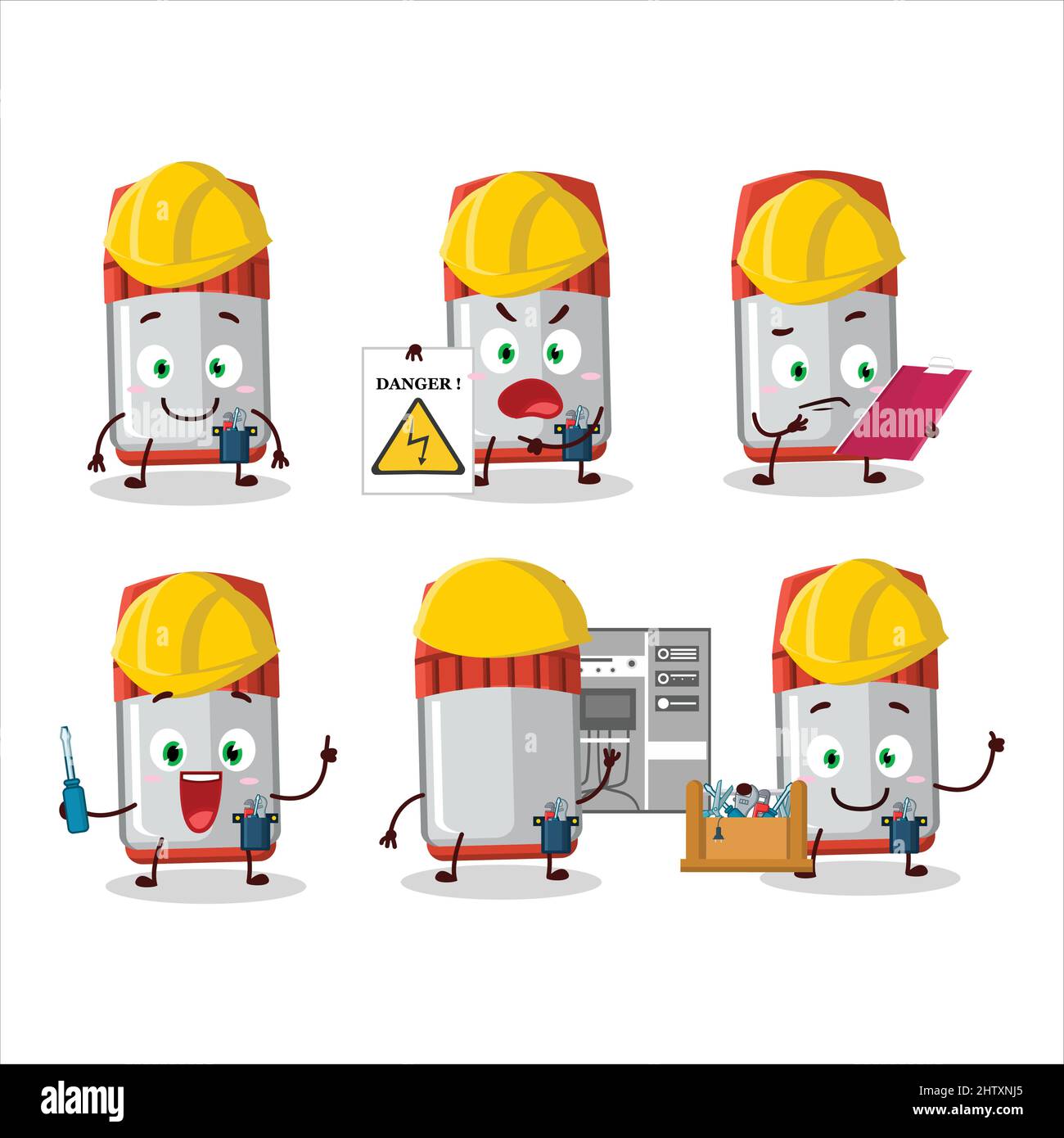 Professional Lineman red whiteboard marker cartoon character with tools ...