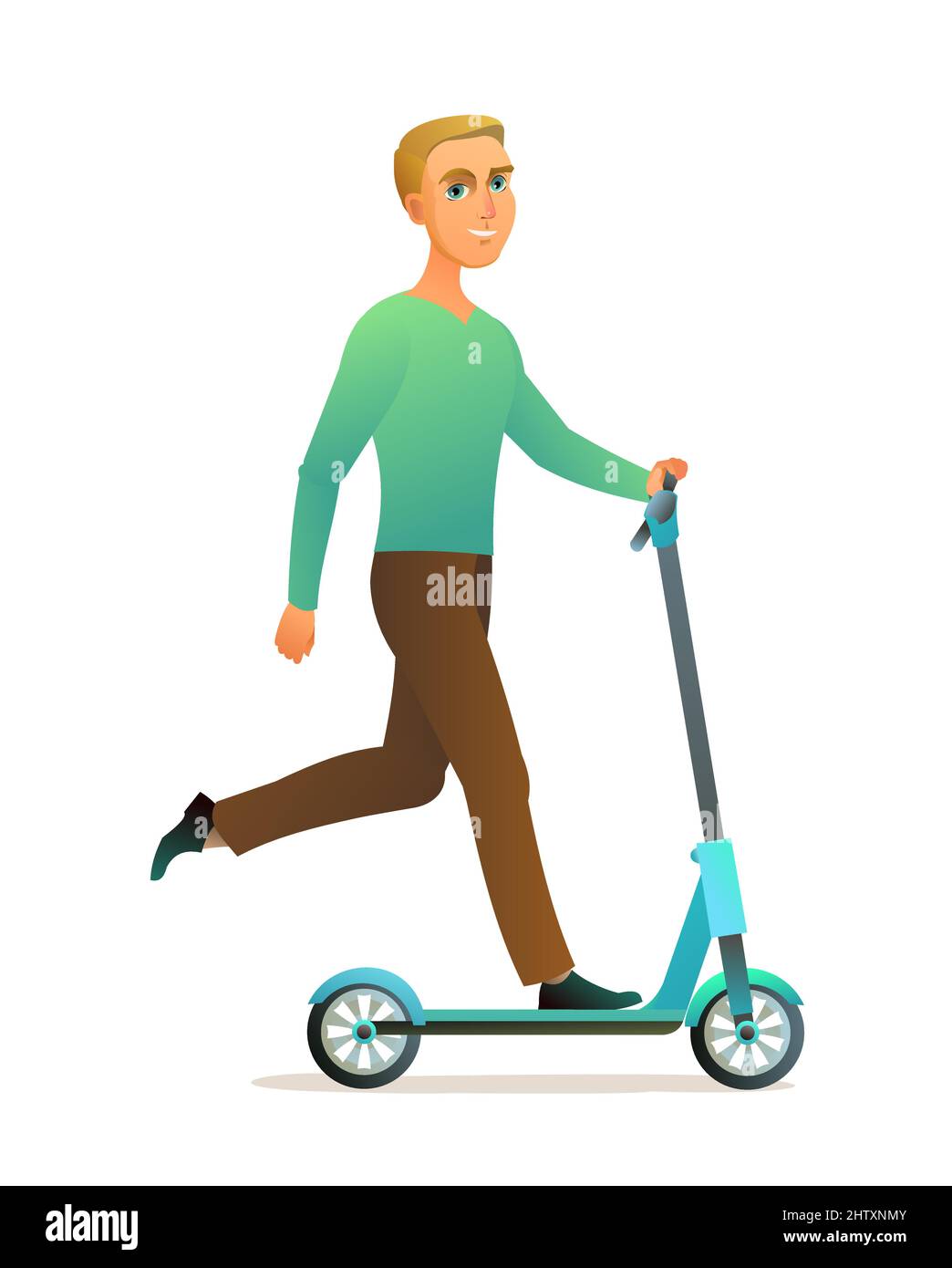 Guy fun riding electric scooter. Young man with transport. Comic fun ...