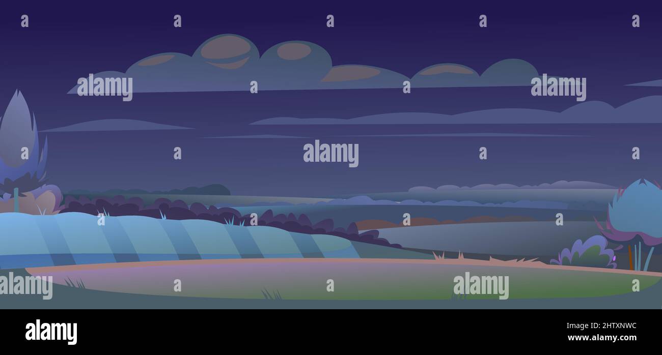 Night rural landscape. View of farm garden fields and hills. Flat style ...