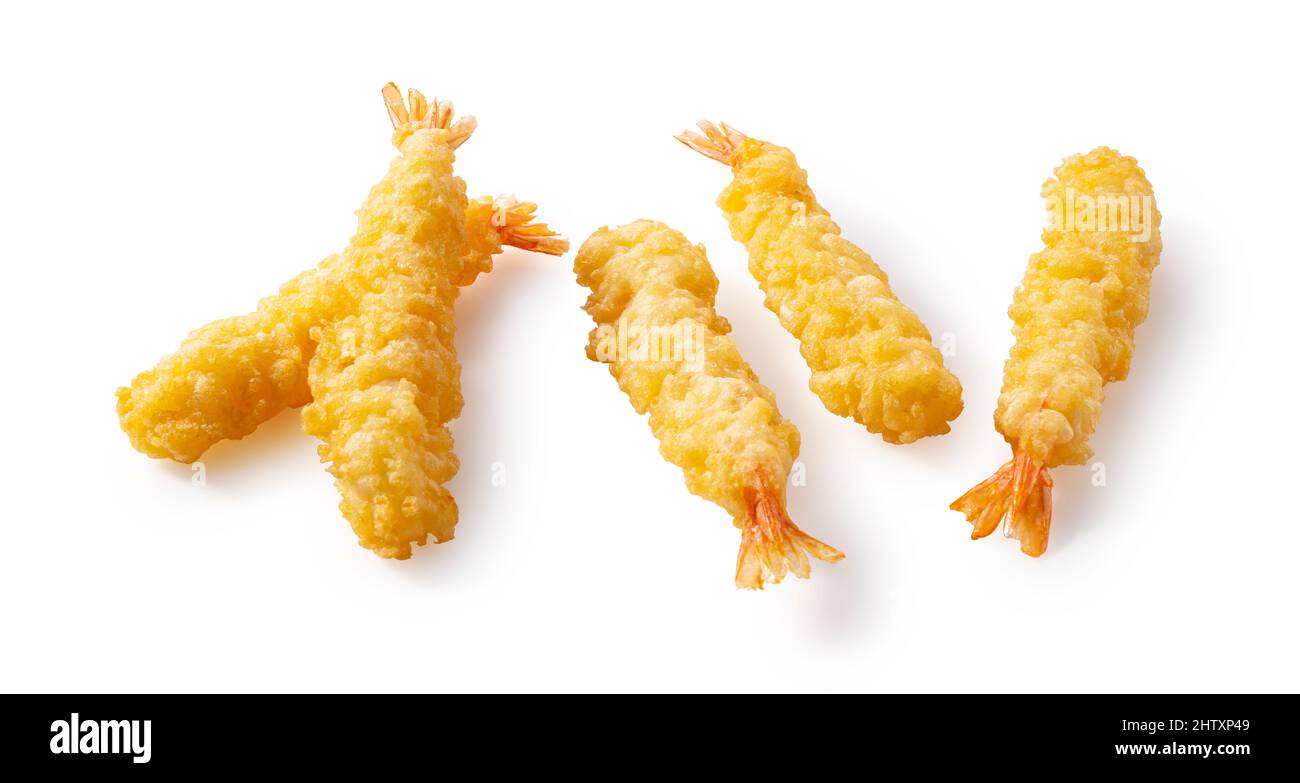 Shrimp tempura placed on a white background. Tempura is a Japanese food ...