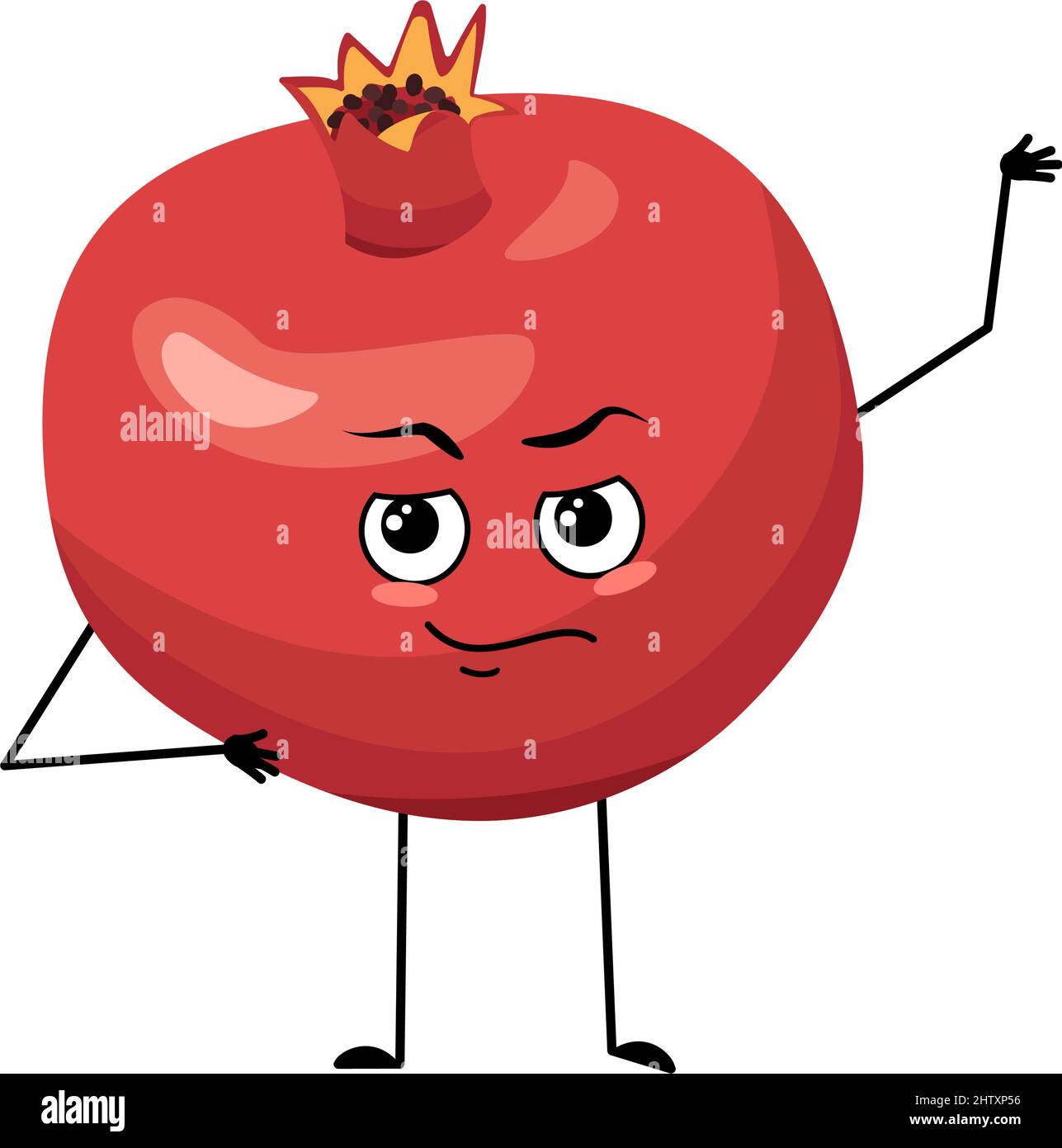 Pomegranate character with emotions of hero, brave face, arms and leg ...