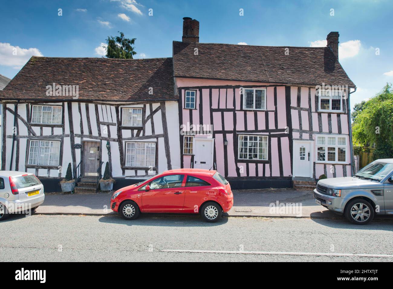 Houses in Lavenham in typical half-timbered architecture, Suffolk ...