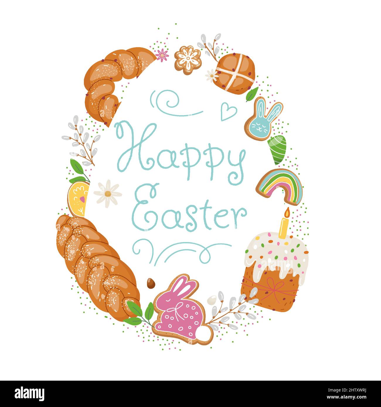 Easter pastry elements around egg form.Vector flat illustration Stock ...