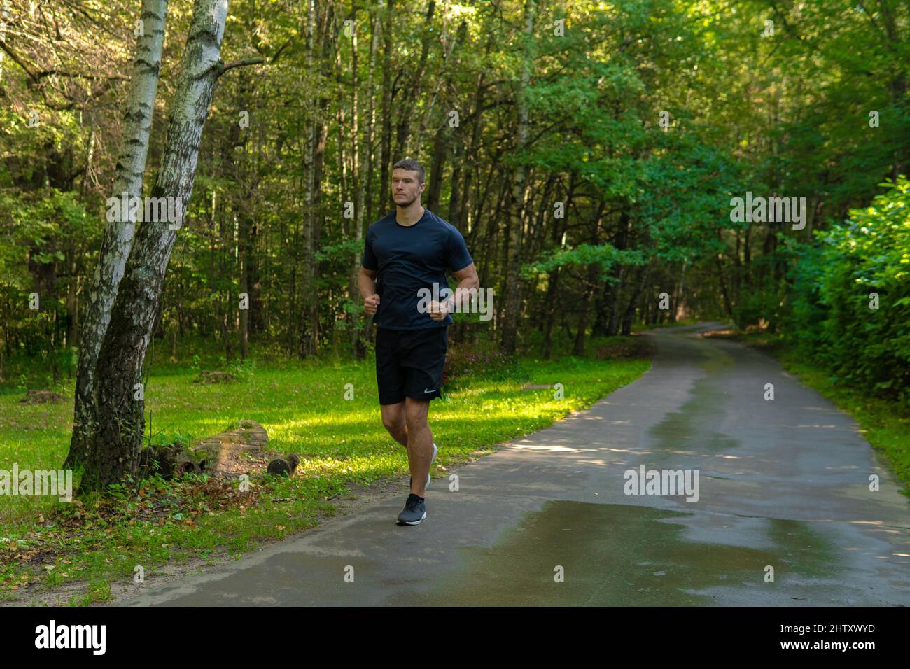 A man athlete runs in the park outdoors, around the forest, oak trees ...