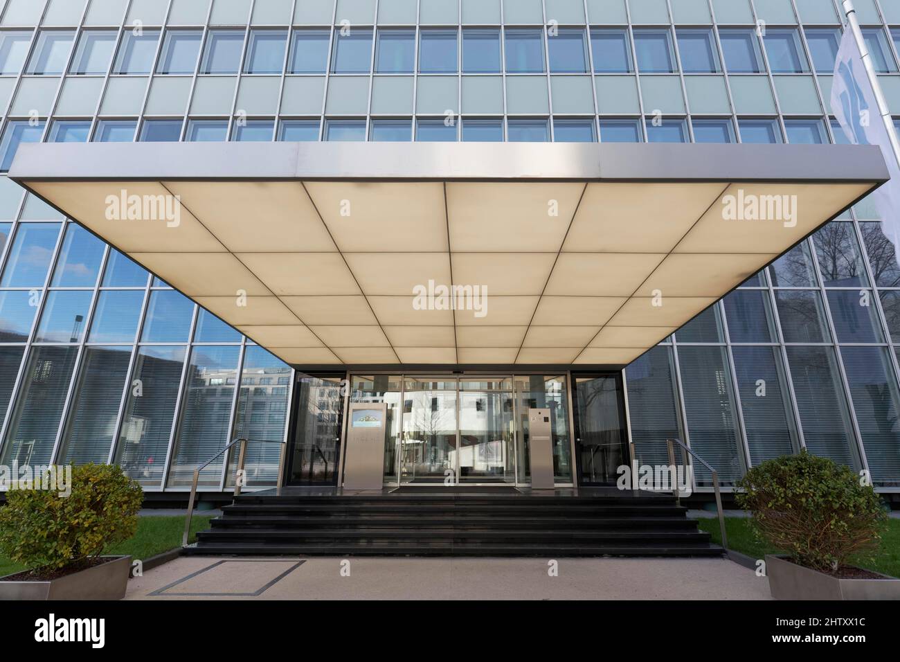 Covered portal in the Dreischeibenhaus, high-rise office building ...