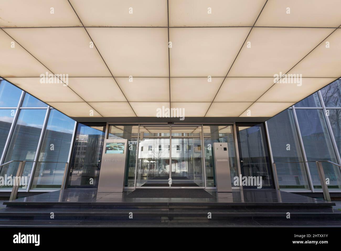 Covered portal in the Dreischeibenhaus, high-rise office building ...