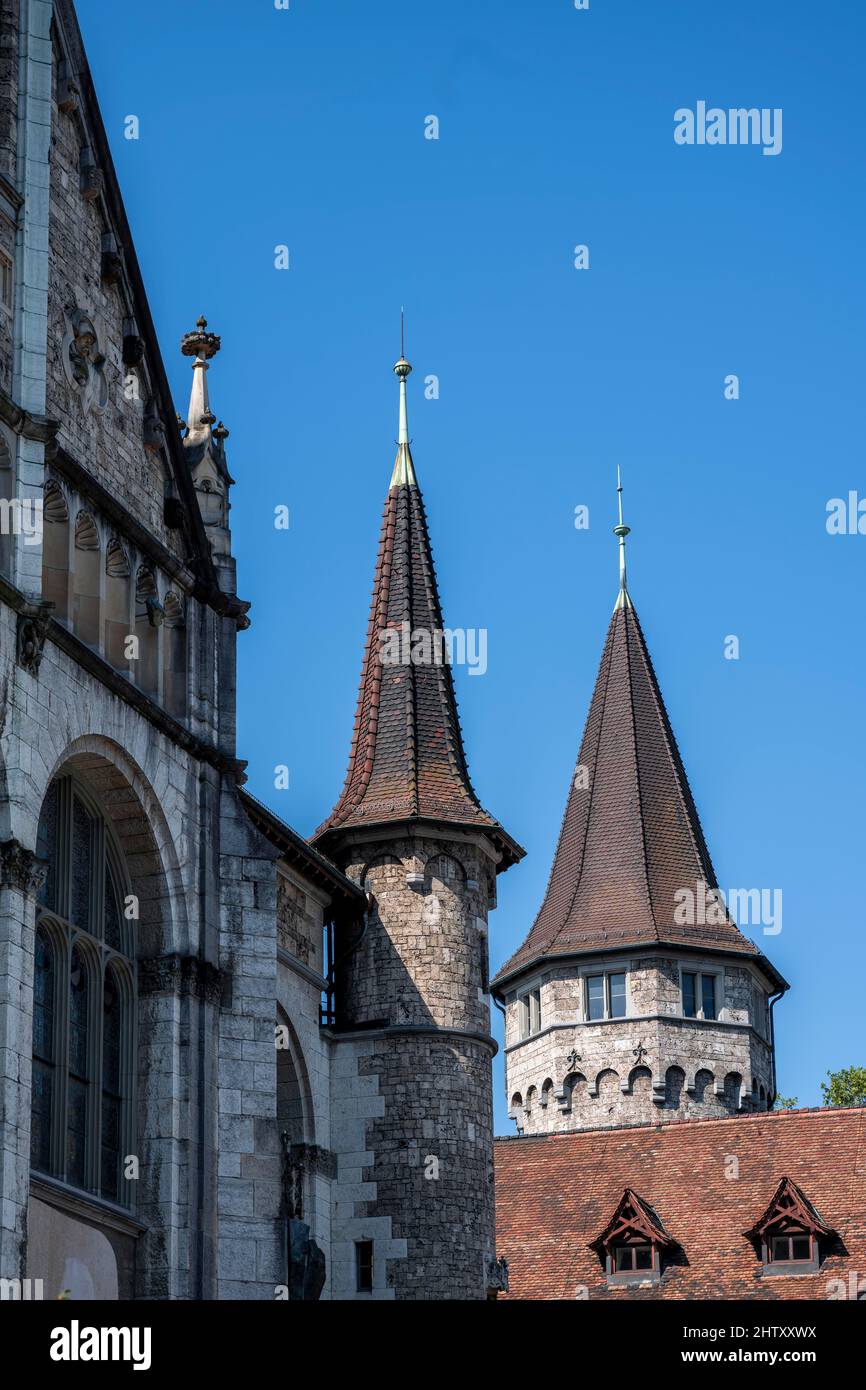 Medieval building, towers of the Swiss National Museum, Zurich ...