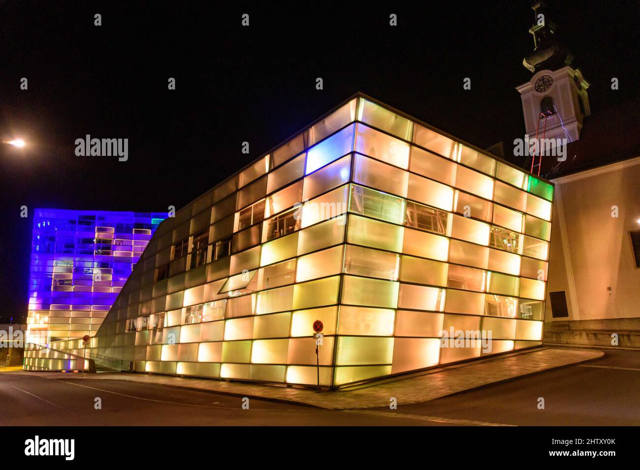 linz, austria, 02 march 2022, ars electronica center illuminated in the ...