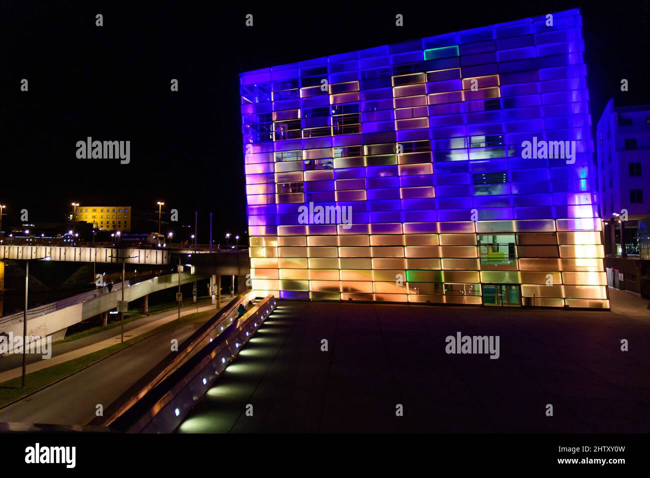 linz, austria, 02 march 2022, ars electronica center illuminated in the ...