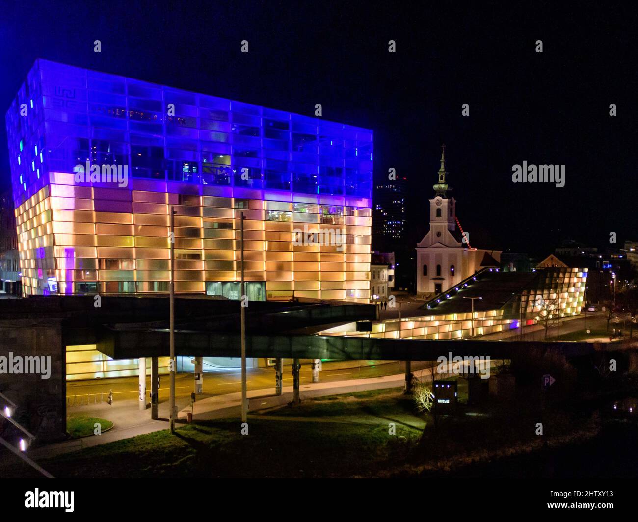 linz, austria, 02 march 2022, ars electronica center illuminated in the ...