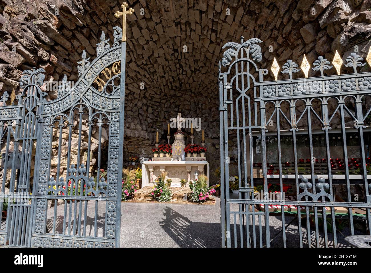 Entrance gate and altar, Mary's Grotto, replica of the Grotto of ...