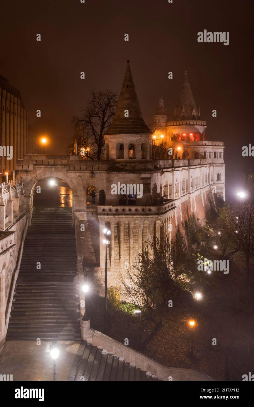 Fisherman's Bastion on Buda Castle Hill by night, Budapest, Hungary ...