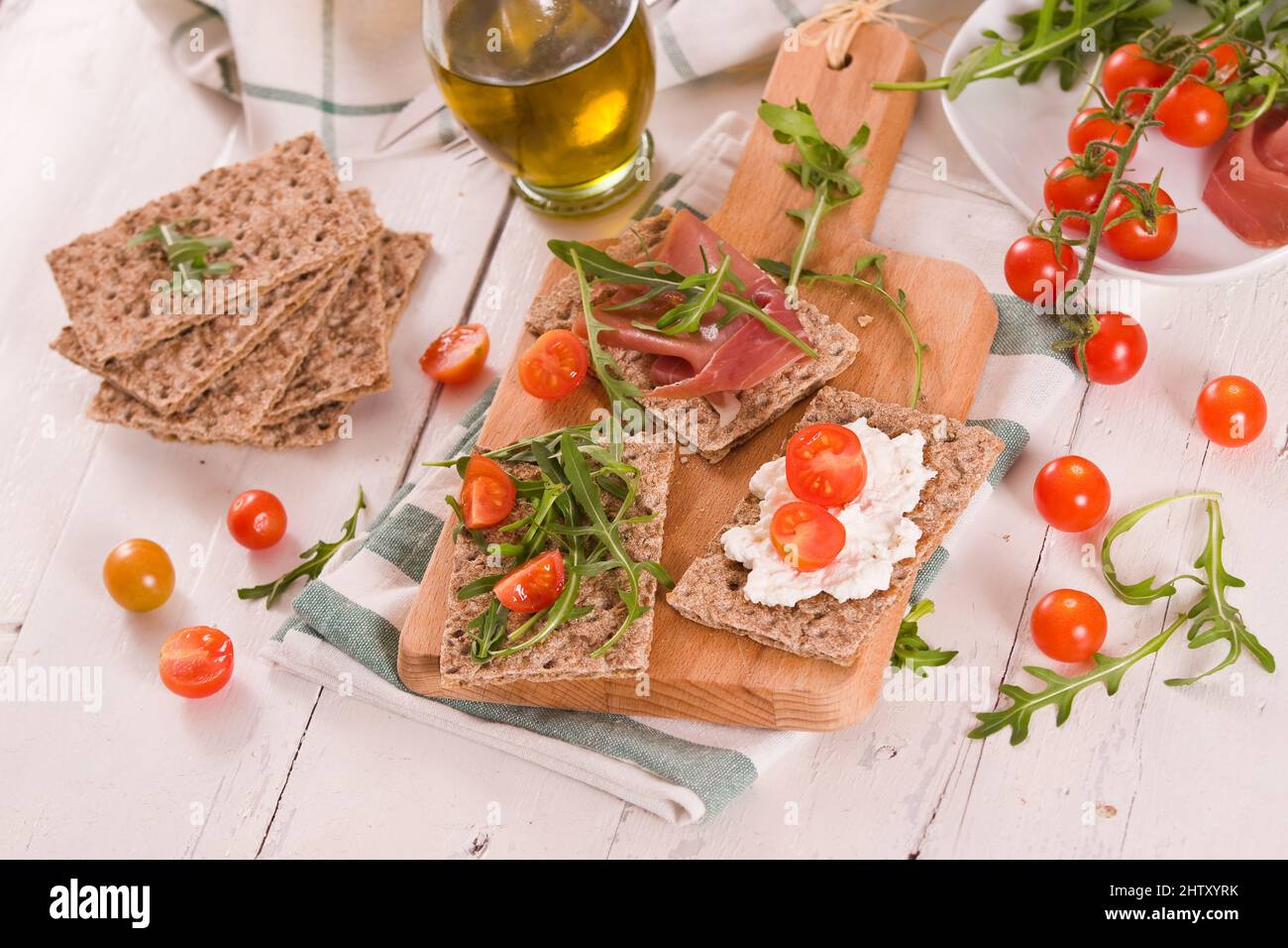 Crispy rye bread with sesame seeds, ham and cottage cheese Stock Photo ...