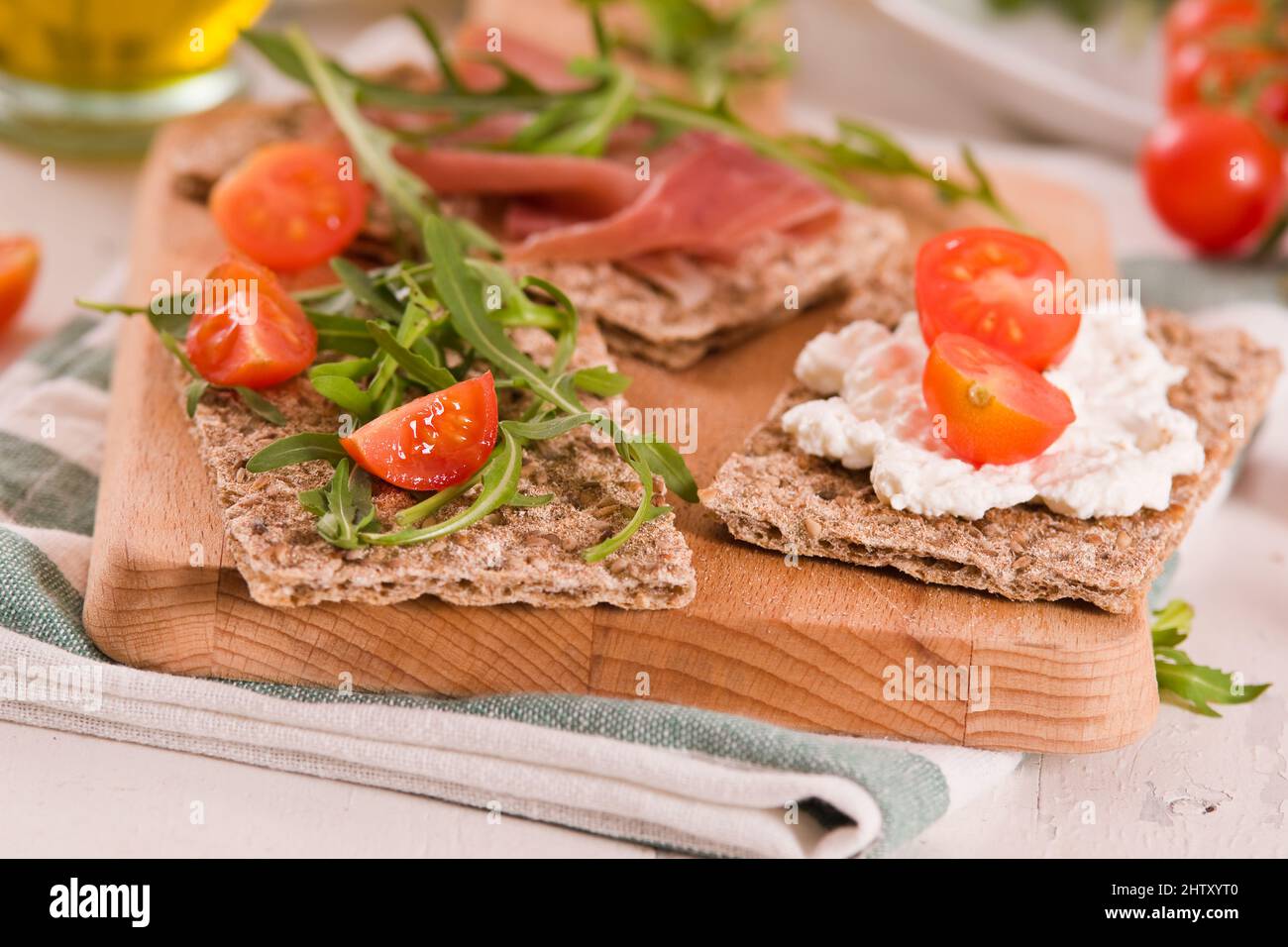 Crispy rye bread with sesame seeds, ham and cottage cheese Stock Photo ...