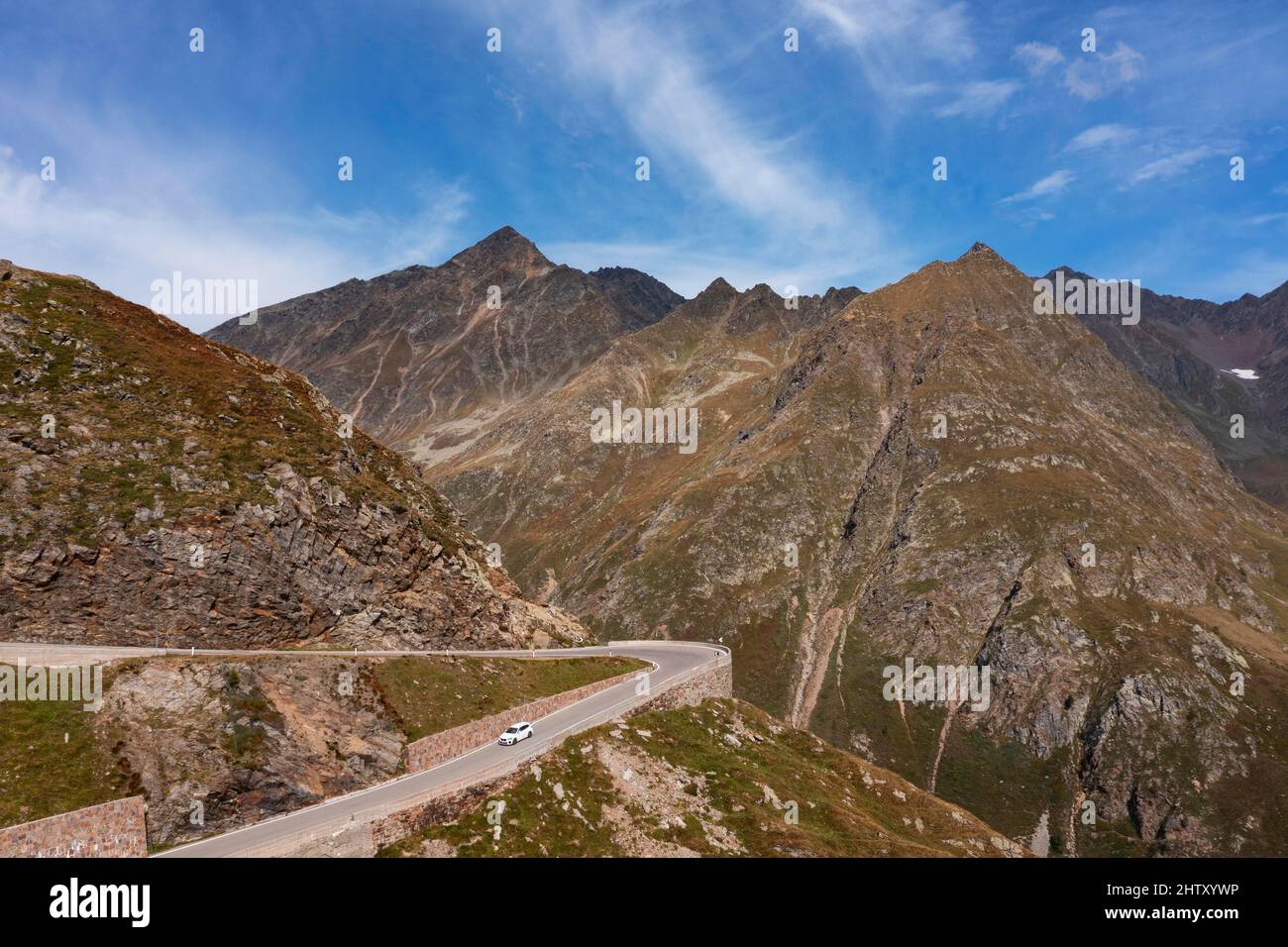 Drone shot, Timmelsjoch High Alpine Road, Passo del Rombo, pass road ...