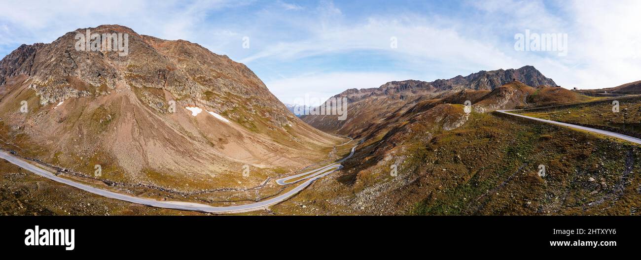 Drone shot, Timmelsjoch High Alpine Road, Passo del Rombo, pass road ...