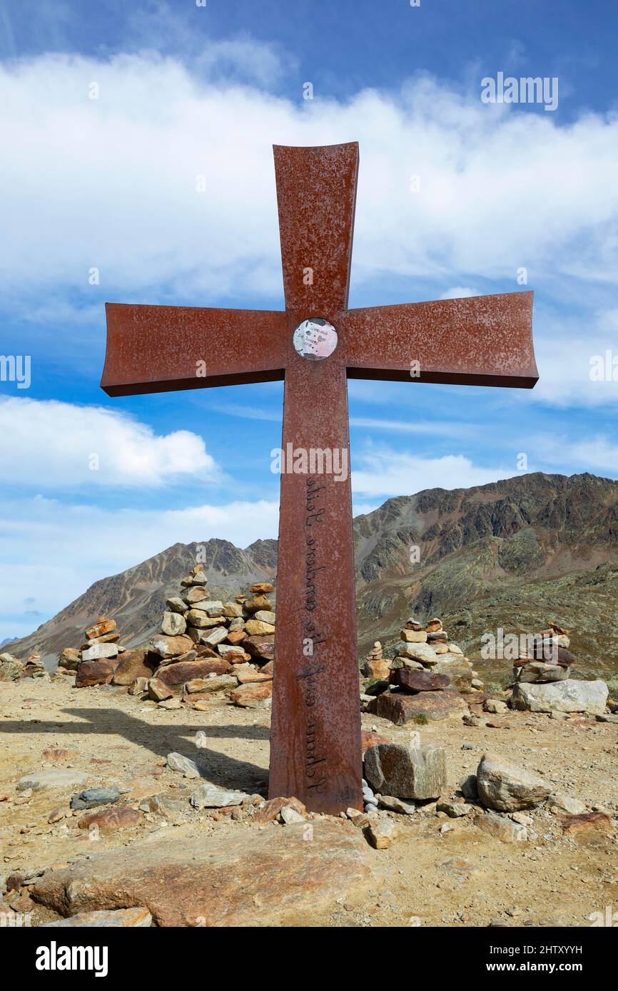 Summit cross on the pass summit of the Timmelsjoch High Alpine Road ...