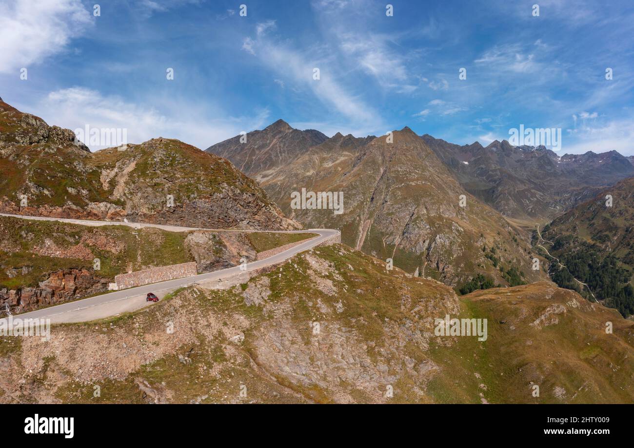 Drone shot, Timmelsjoch High Alpine Road, Passo del Rombo, pass road ...