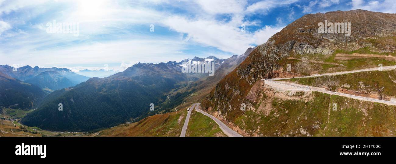Drone shot, Timmelsjoch High Alpine Road, Passo del Rombo, pass road ...