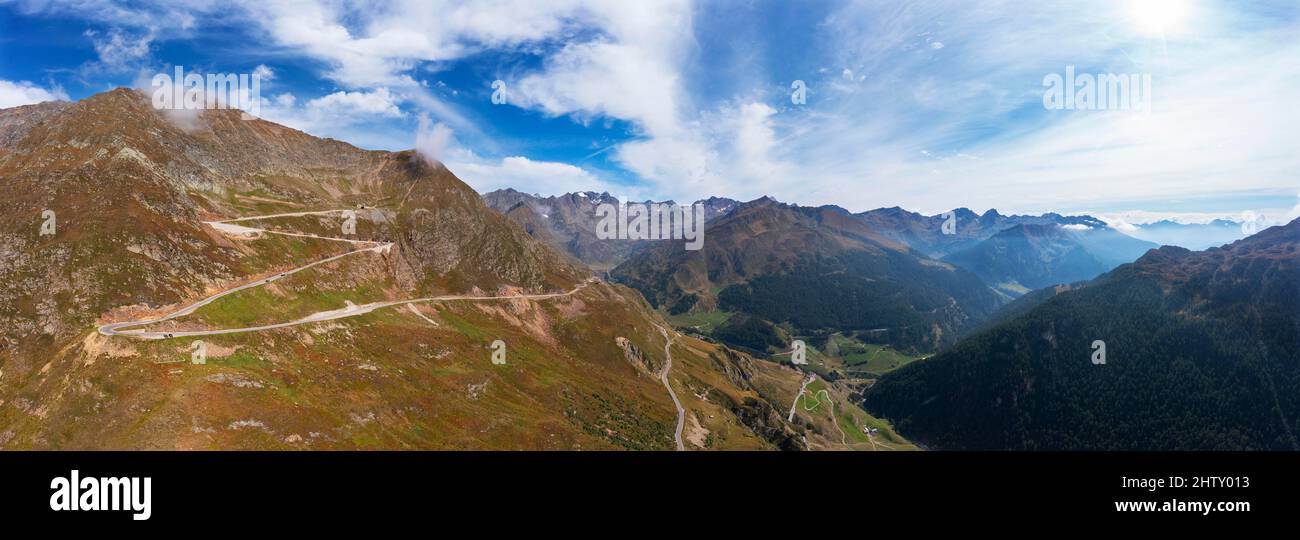 Drone shot, Timmelsjoch High Alpine Road, Passo del Rombo, pass road ...