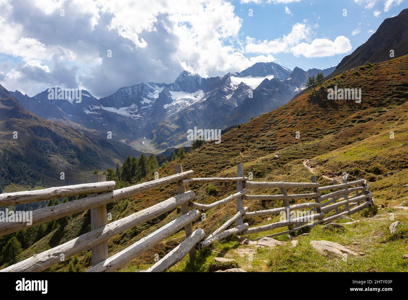 Hiking trail with pasture fence, Texel Group nature Park, Passeier ...